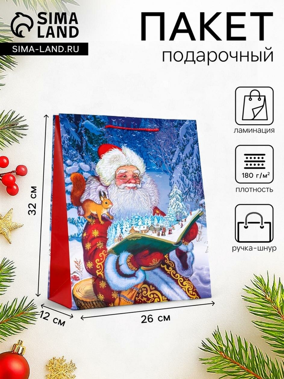 Пакет подарочный новогодний ламинированный, «Дед Мороз» , 26×12×32 см