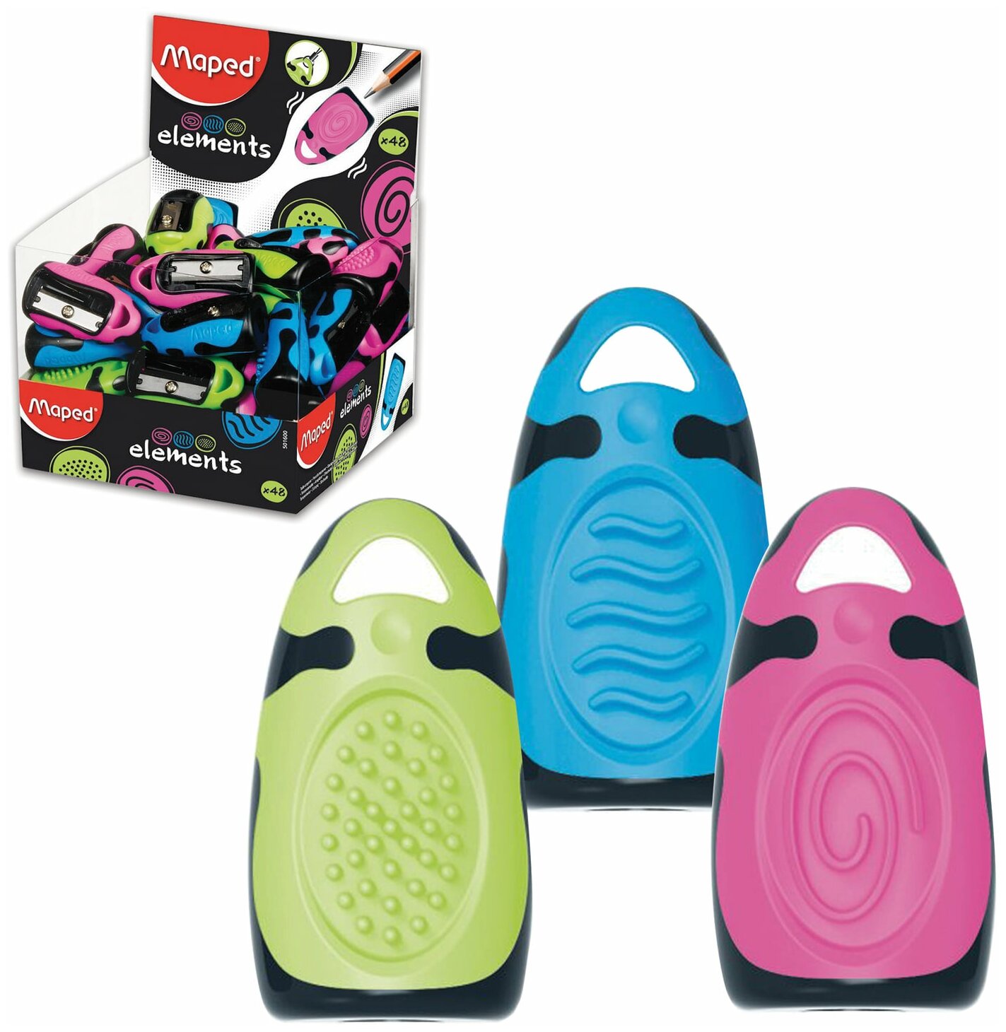 Точилка MAPED (Франция) "Elements", без контейнера, корпус ассорти, дисплей, 501600 (упаковка 48 шт.)