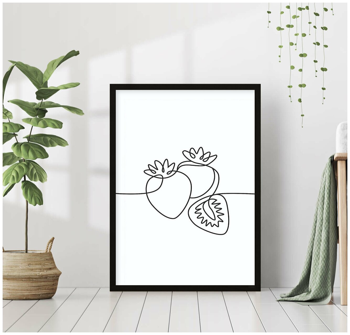 Постер "Клубника в разрезе, линейный рисунок" 40x50 в черной рамке на стену для интерьера