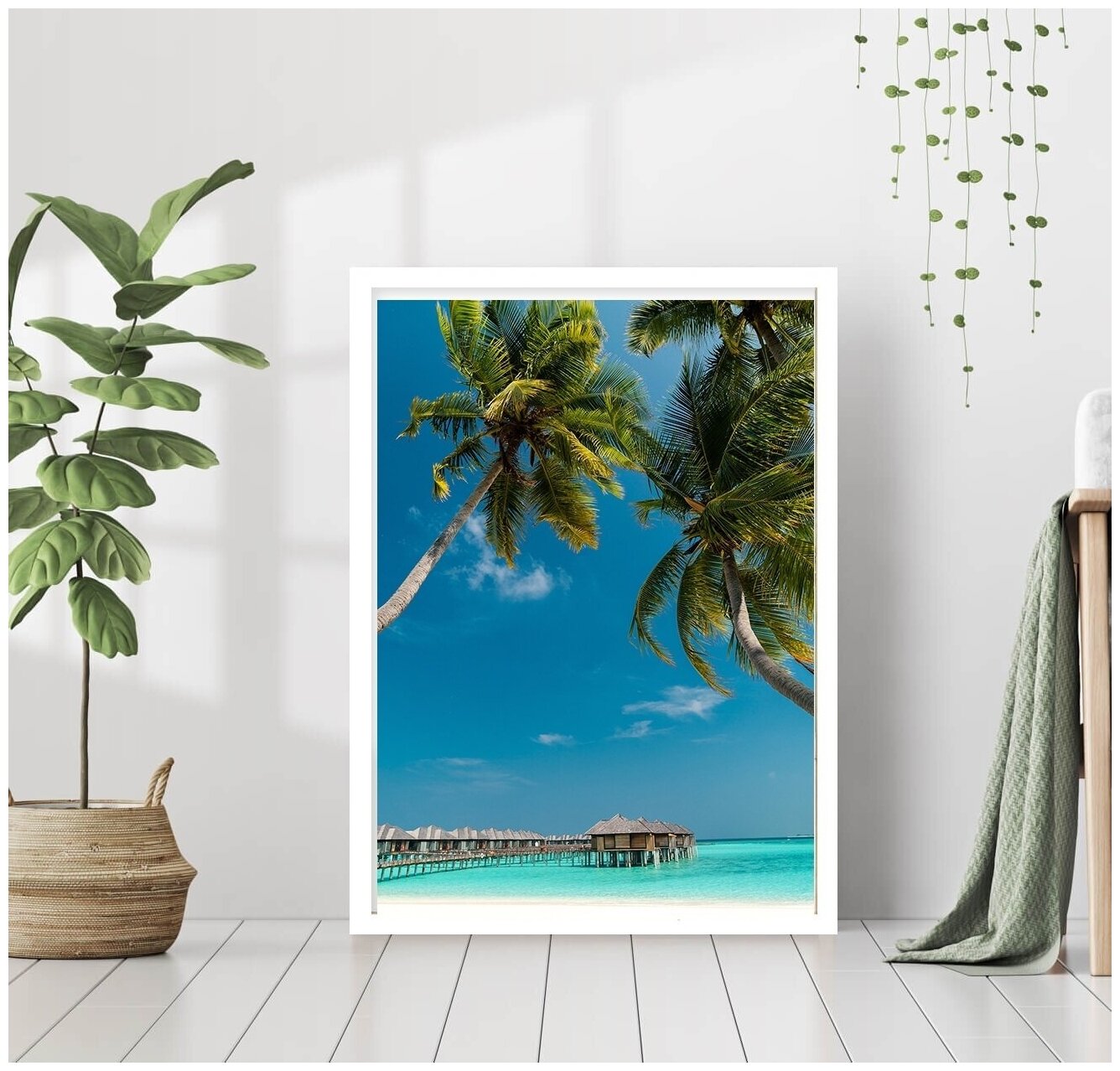Постер "Пляж, пальмы, море" 50x70 в белой рамке на стену для интерьера