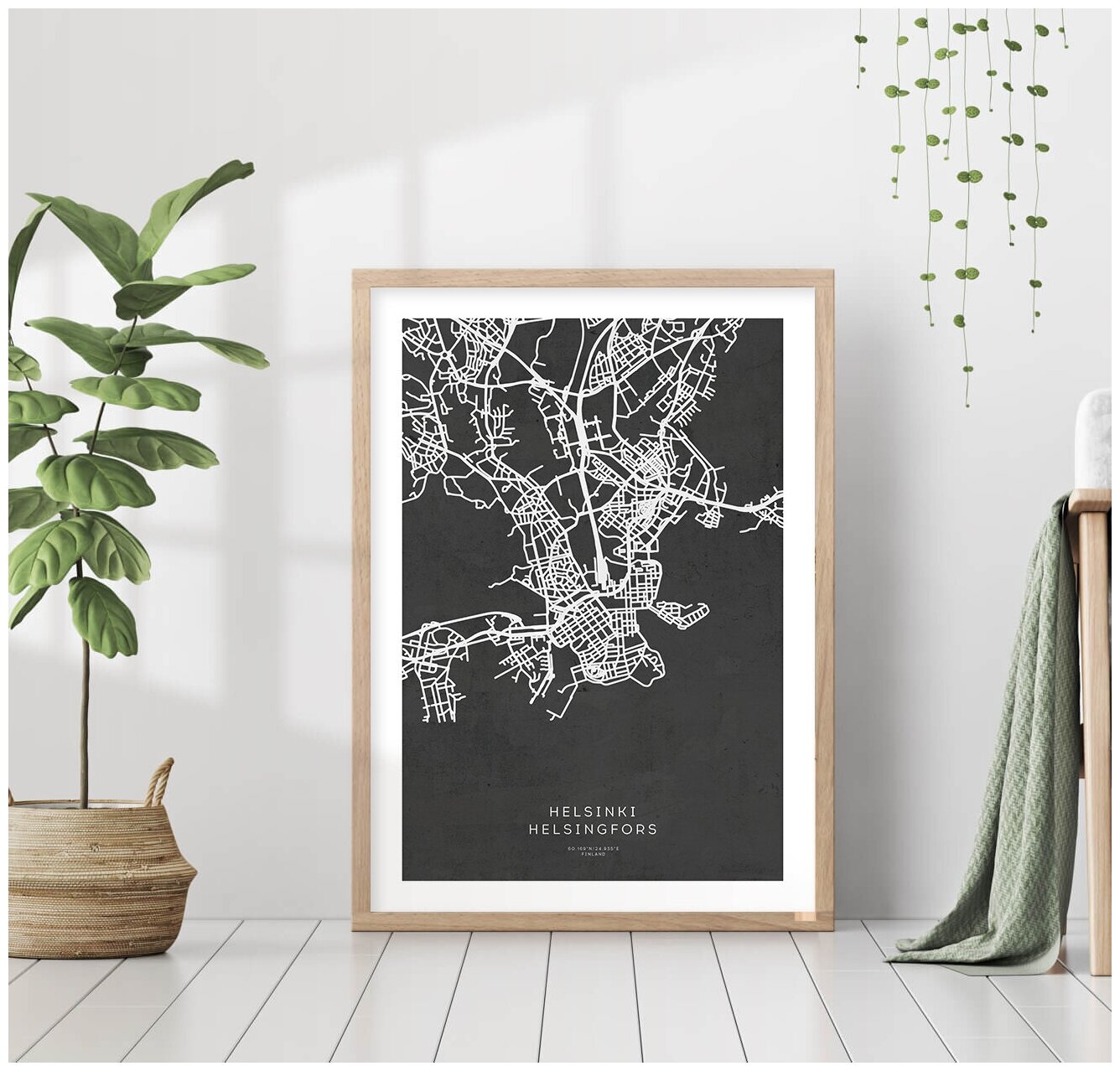 Постер "Хельсинки, карта черно-белая" без рамы 40x50 см на стену для интерьера