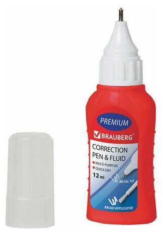 Ручка-корректор + корректирующая жидкость BRAUBERG, 12 мл, 2 в 1: металлический наконечник + кисточка, 225217