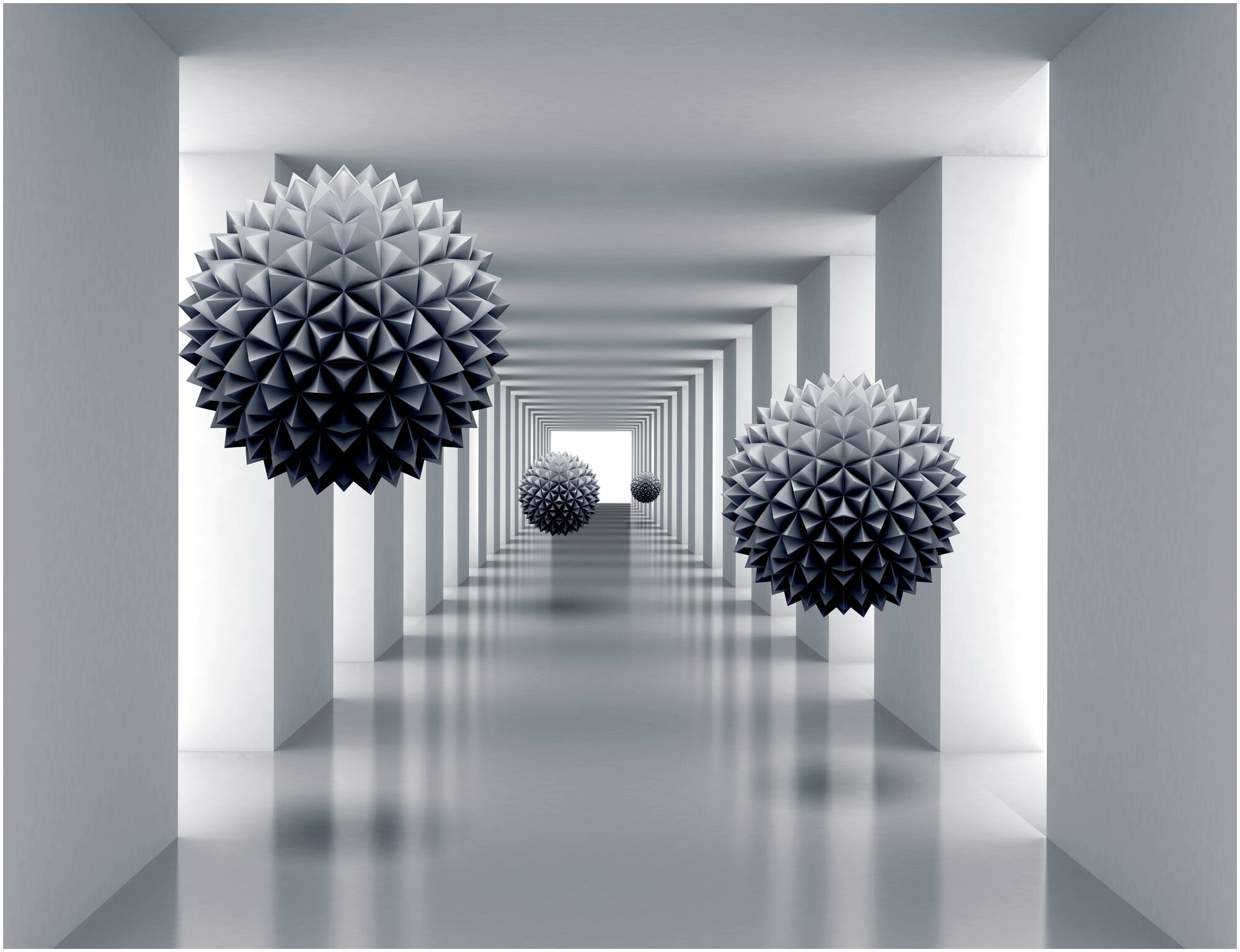 Фотообои Уютная стена "3D черные летящие шары" 350х270 см Виниловые Бесшовные (единым полотном)