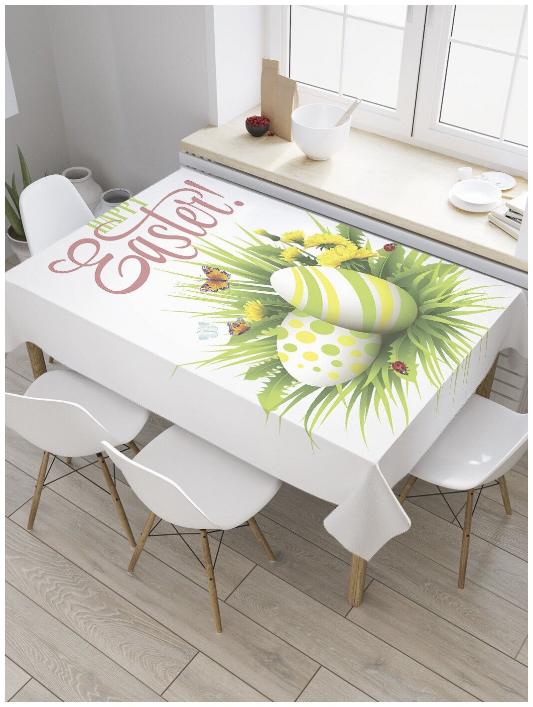 Прямоугольная тканевая скатерть на стол с рисунком "Пасхальные яйца на траве" 145 на 180 см, JoyArty