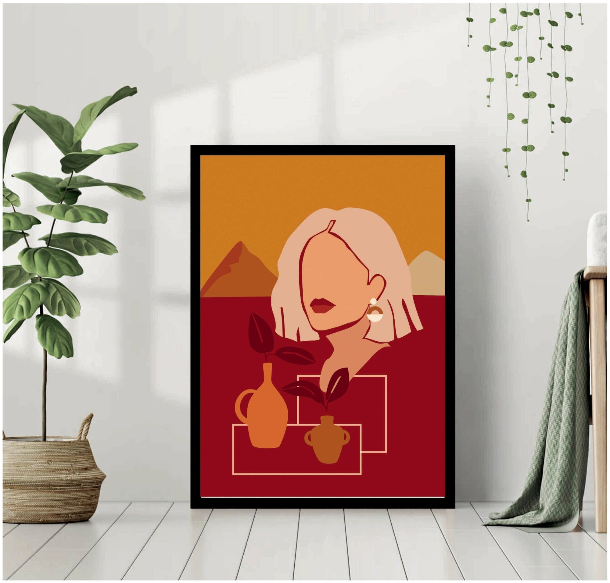 Постер "Девушка с каре, горы, кувшины. Минимализм. Стиль бохо" 40x50 в черной рамке для интерьера на стену