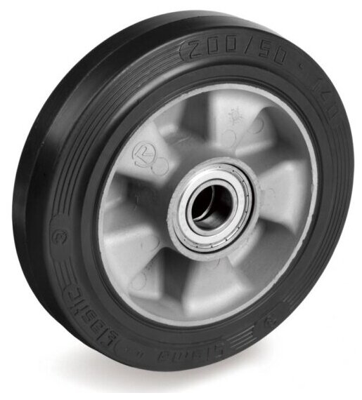 Колесо большегрузное Tellure Rota 721206 под ось, диаметр 200мм, грузоподъемность 500кг, эластичная резина SYGMA, алюминий, шариковый подшипник в комп