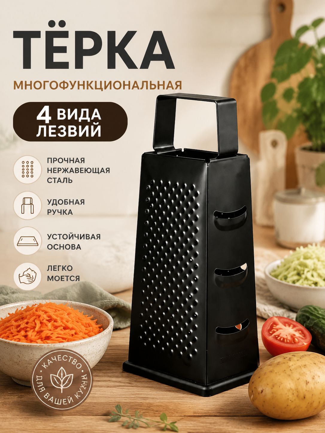 Терка для овощей, с четырьмя сторонами, ручная терка, измельчитель для овощей