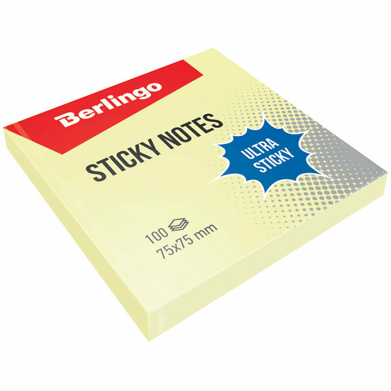 Самоклеящийся блок Berlingo "Ultra Sticky", 75*75мм, 100л, пастель, желтый, 270274