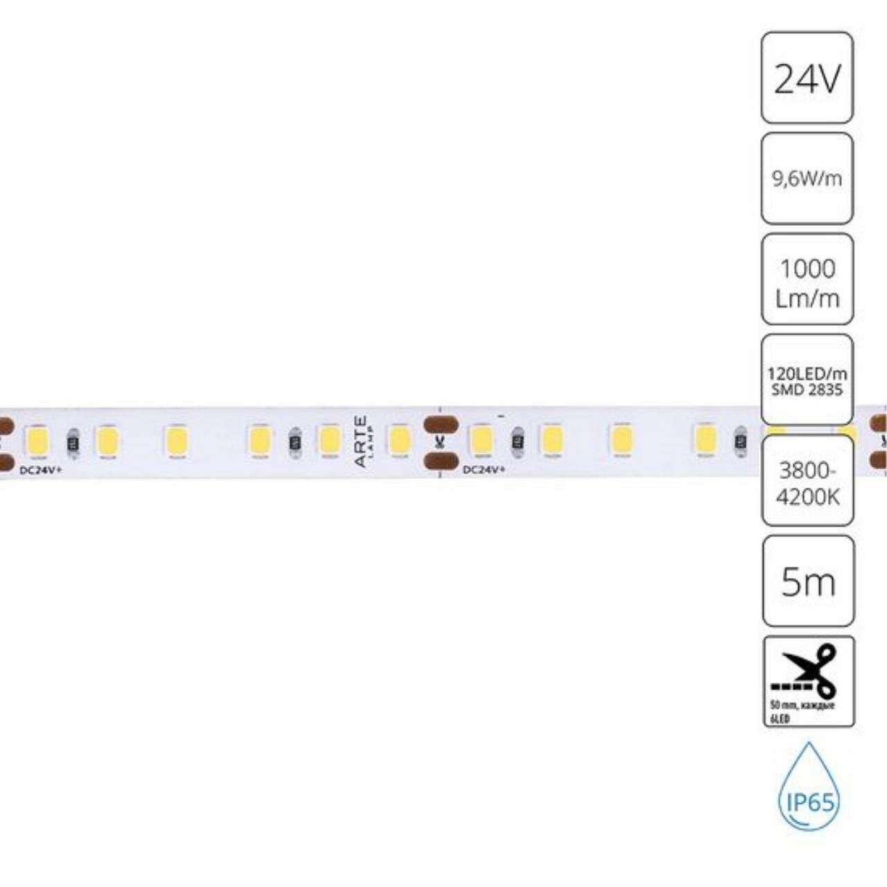 Светодиодная лента 24V 9,6W/m 4000К 5м Arte Lamp AQUA TAPE A2412008-05-4K