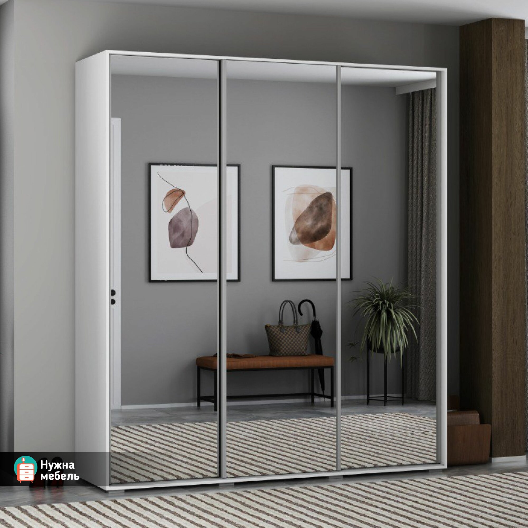 Шкаф-купе для одежды с зеркалами трехстворчатый, Модель Бакс 18 с полками и продольной штангой, Белого цвета, Мебель в спальню, прихожую и гостиную