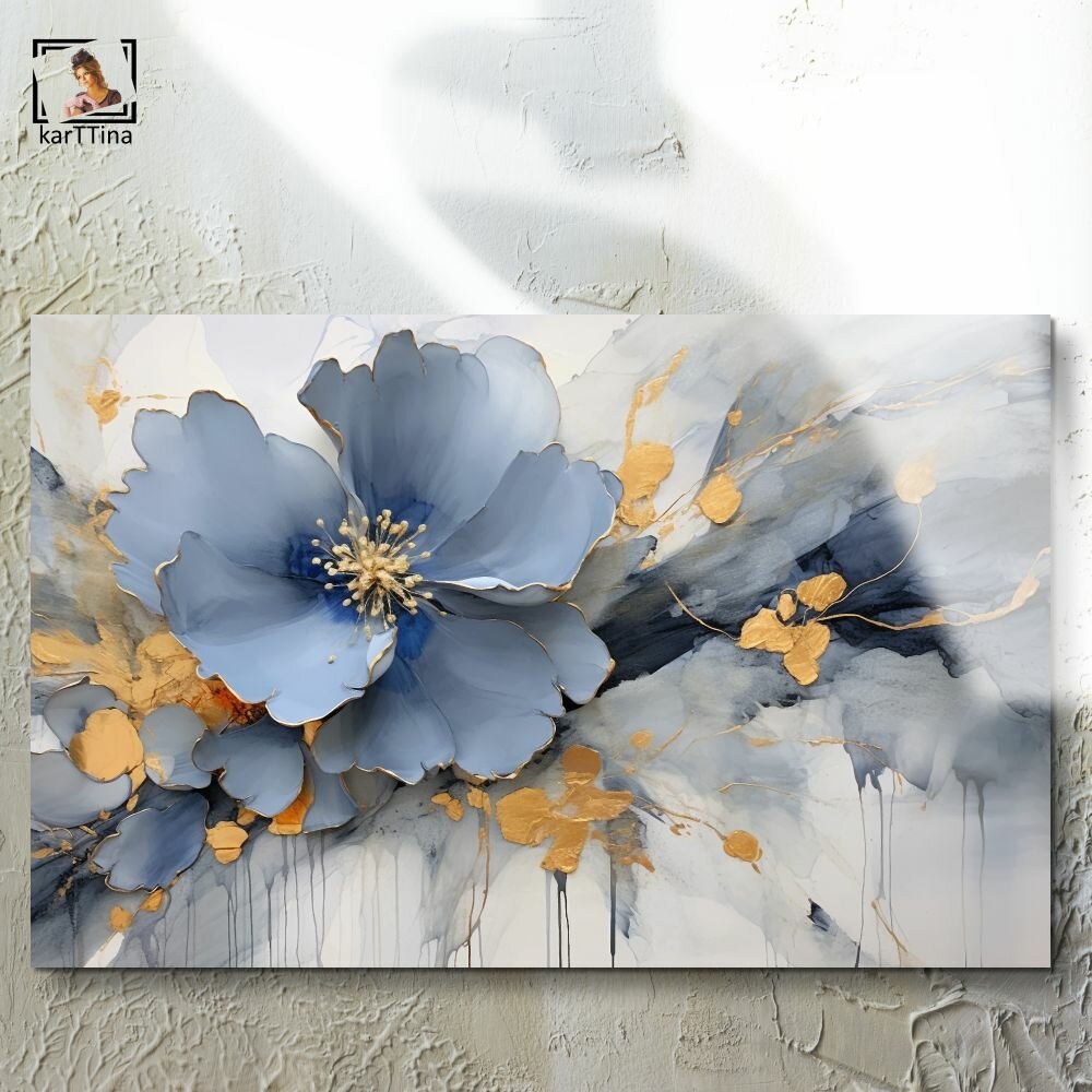 Картина на стену, интерьерная "Голубой цветок с золотыми брызгами" 40х60 1 шт.
