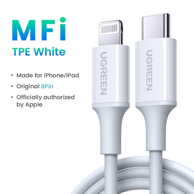 Кабель UGREEN MFi PD20W с USB C на Lightning, быстрая зарядка для iPhone 14 13 12 0.25m, TPE White