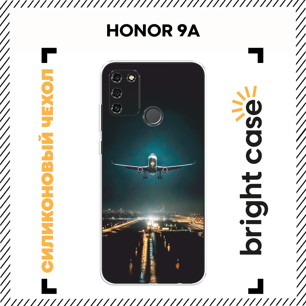 Силиконовый чехол на Honor 9A / Хонор 9А с принтом Взлет самолета ночью