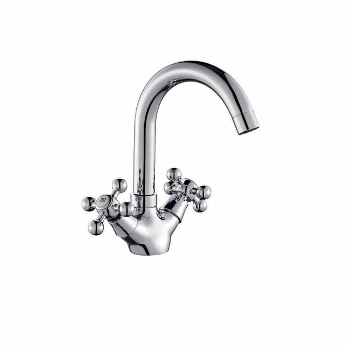 Смеситель для раковины с высоким поворотным изливом VIKO V-1211 Вико, двухвентильный кухонный кран для умывальника, кухни, ванны, на мойку, с подводкой, латунный, хром