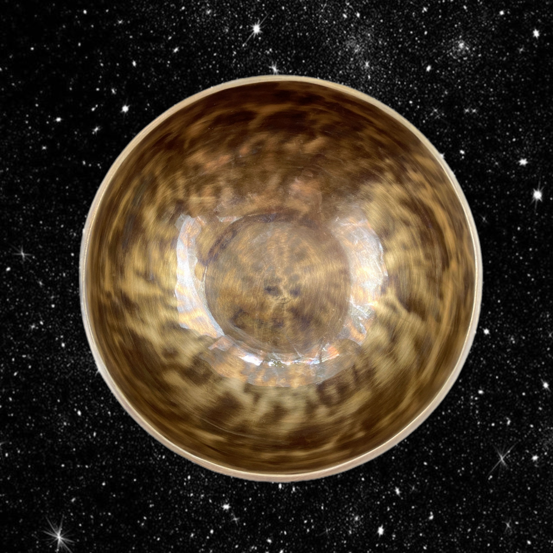 Кованая тибетская поющая чаша 16-18см леопардовая сплав 7 металлов