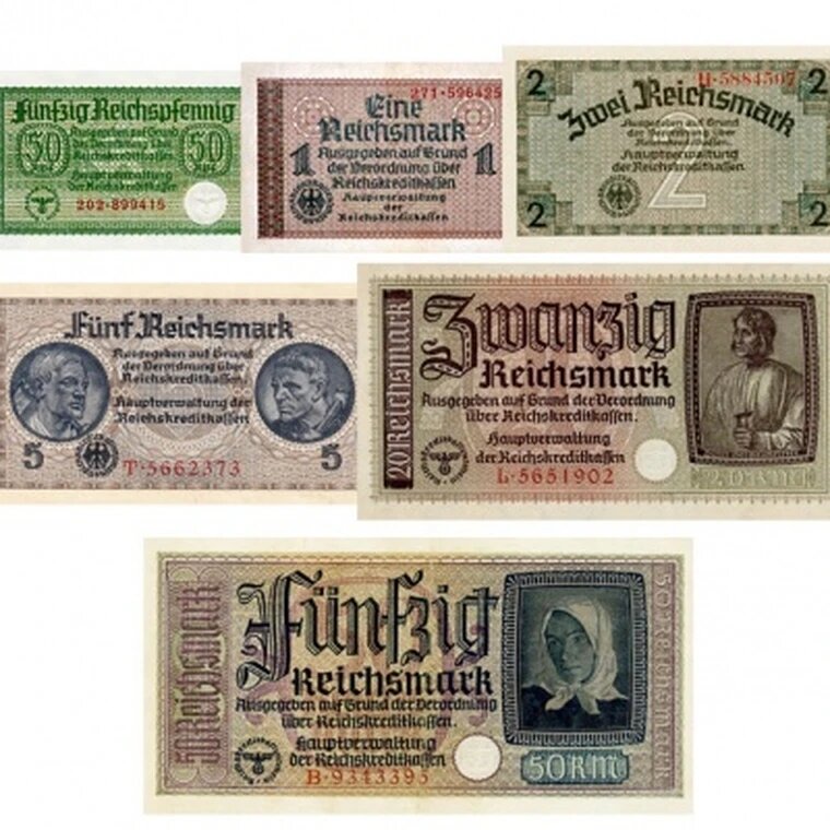 1/2 - 50 рейхсмарок 1938-45, набор копий оккупационных банкнот сувенирная копия, банкноты и купюры редкие коллекционные