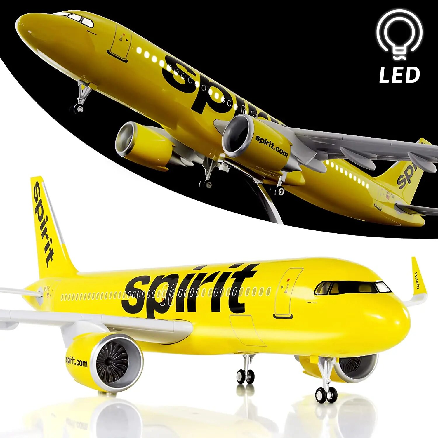 Модель самолета Spirit Airlines A320, желтый, с подсветкой