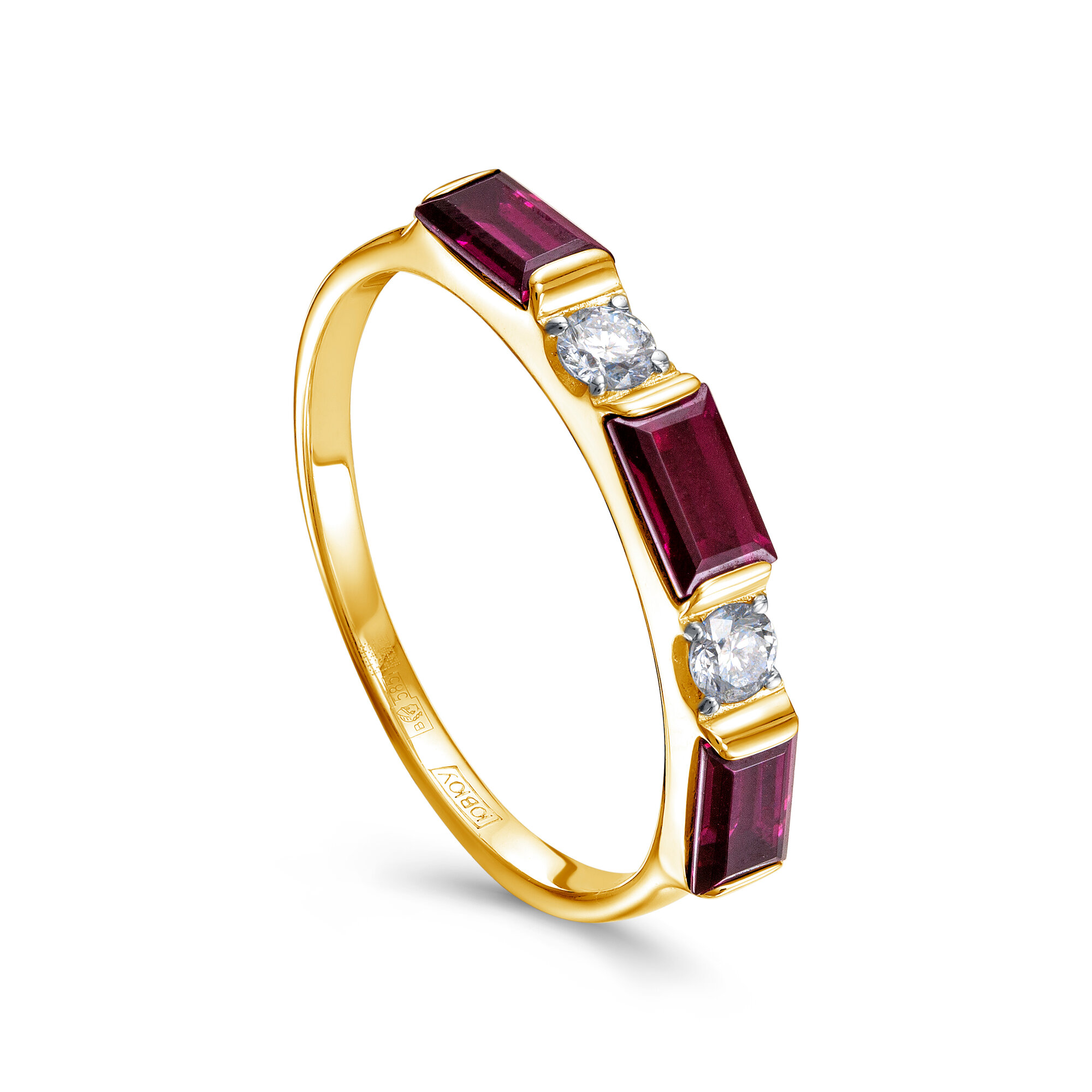 Кольцо, желтое золото, 585 проба, бриллиант, родолит