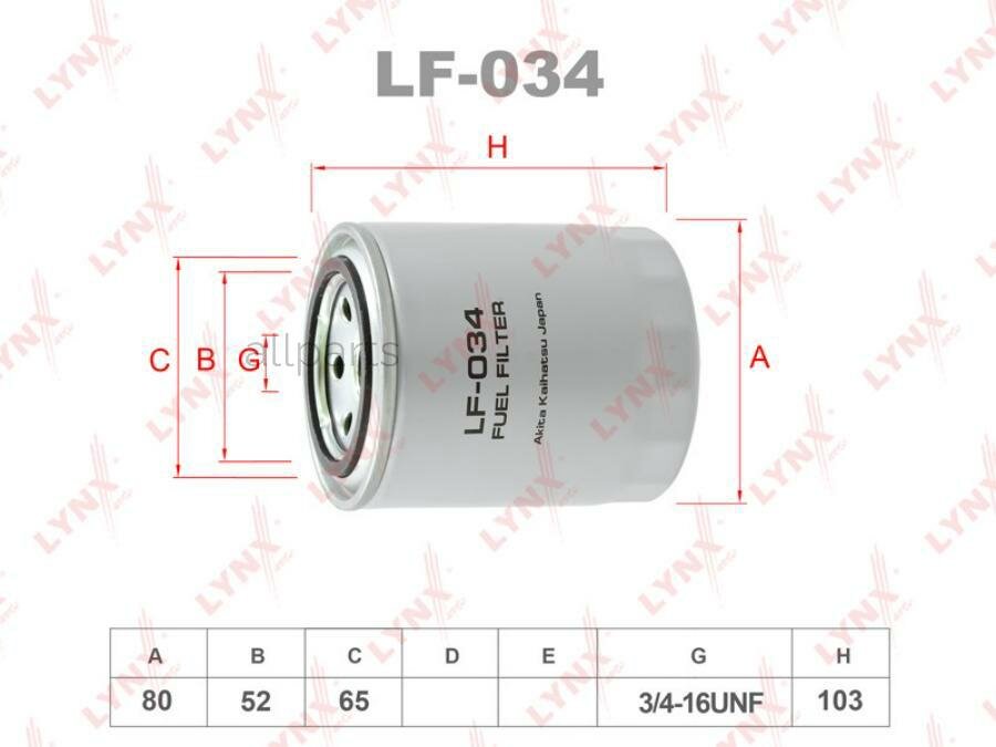 LYNXAUTO LF034 фильтр топливный!\ Toyota Land Cruiser 3.0D/4.0D/TD 74-89
