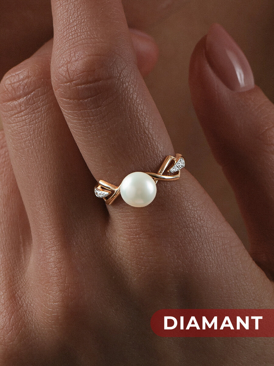 Кольцо, красное золото, 585 проба, фианит, жемчуг пресноводный культивированный