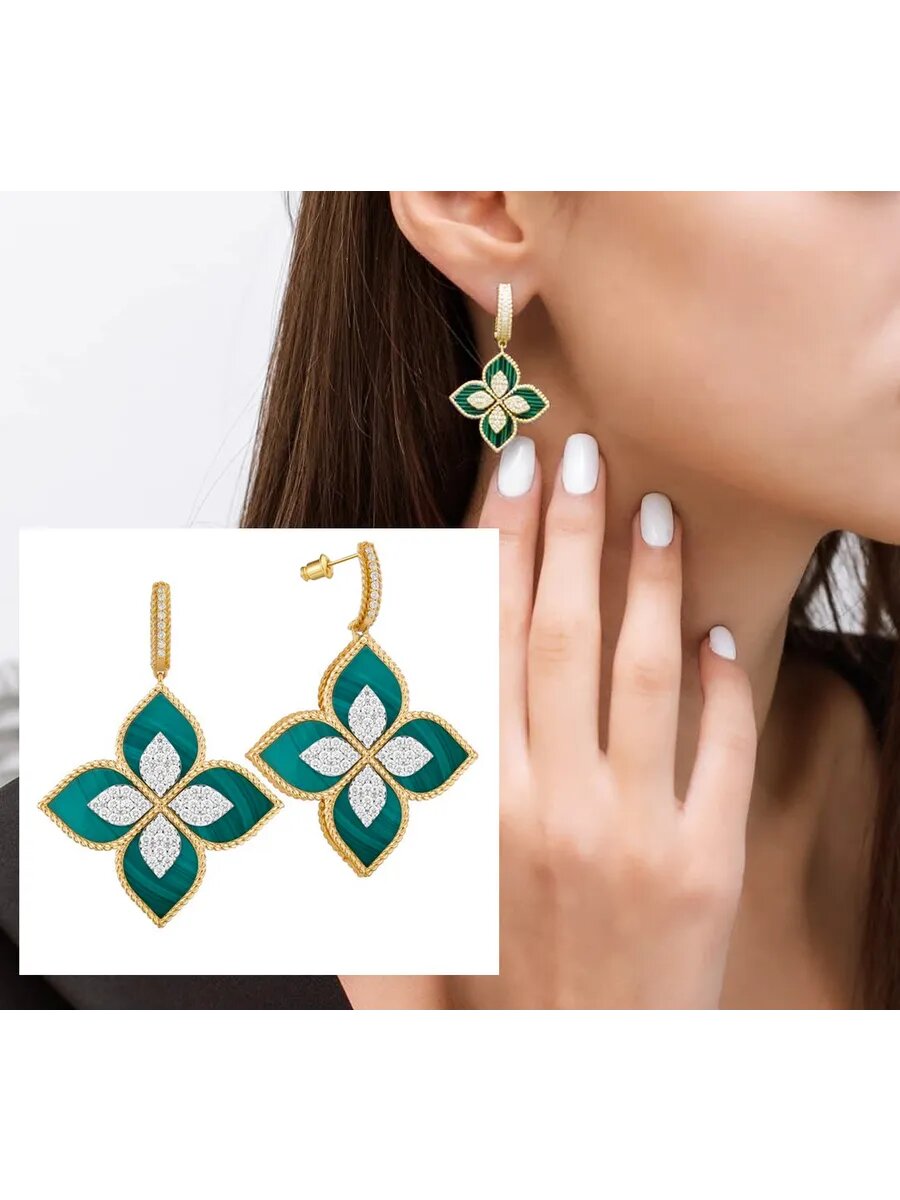 Серьги, циркон, кристалл, малахит синтетический, фианит