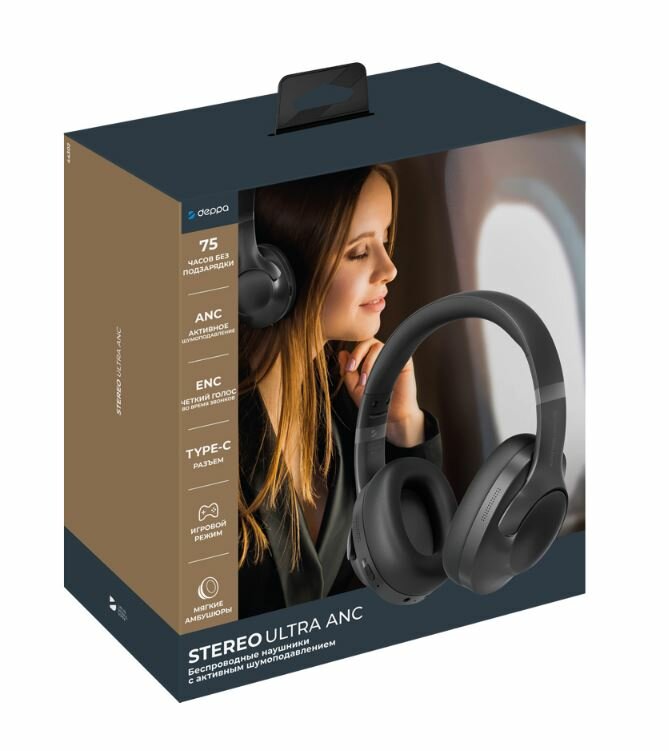 Беспроводные накладные наушники Stereo Ultra ANC, BT 5.4, ANC/ENC, 500мАч, черный, Deppa 44302