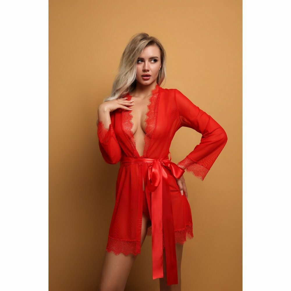 Пеньюар с кружевом и поясом, красный, размер XXL/XXXL, для романтических вечеров