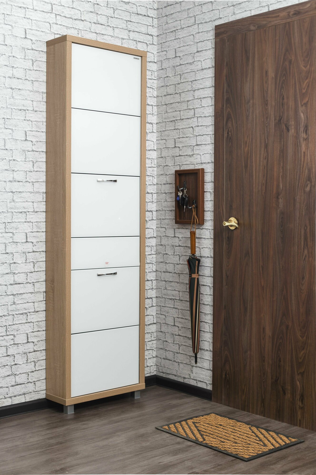 Обувница Ironnori Люкс Плюс, фасад белое стекло, 5 секций плюс ящик для мелочей, цвет дуб Сонома.