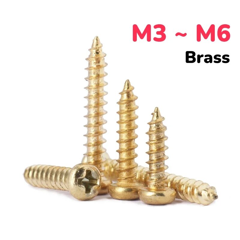Латунь M3 M3.5 M4 M5 M6 Саморезы с крестообразным шлицем и круглой головкой Винты по дереву Длина 6 ~ 50 мм