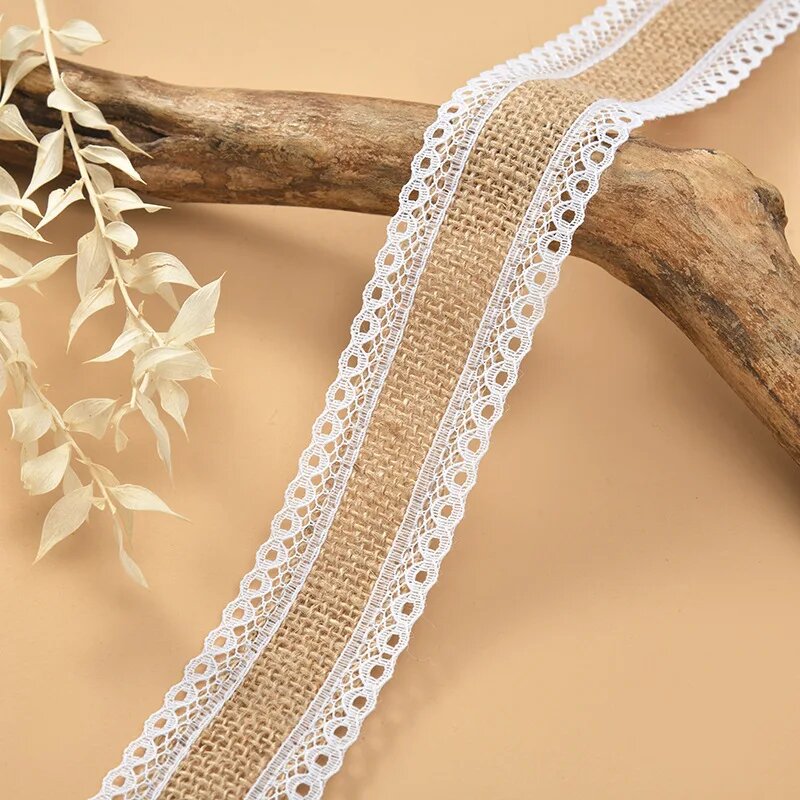 Лента джутовая с кружевом белая 2/5 м Бежевый, Width 2.5cm x 5m, Style 5