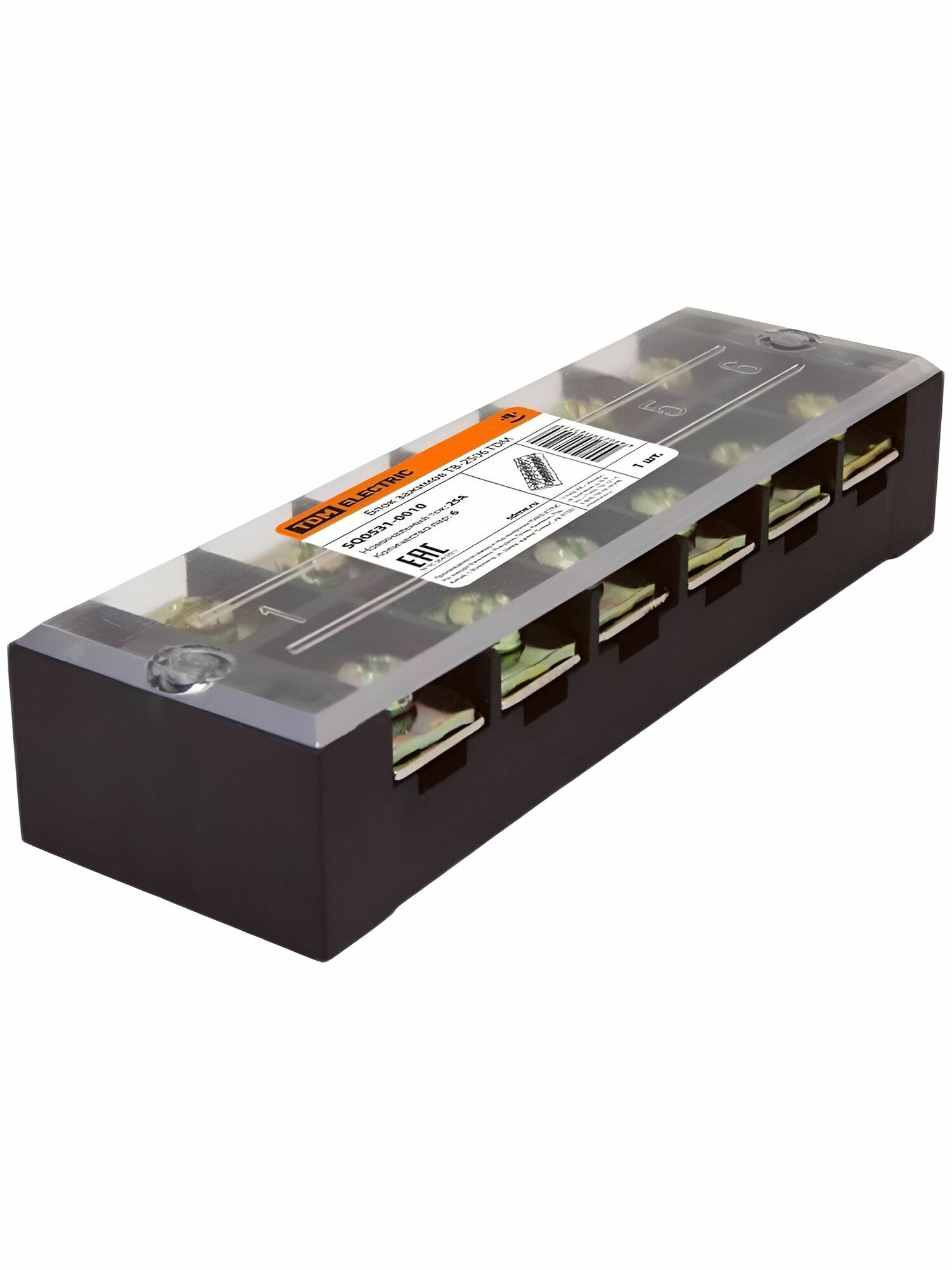 Клеммная колодка блок зажимов ТВ-2506 TDM Electric , 25А, 6 пар контактов, 91х30х19 мм, max сечение проводника 2.5 мм. Артикул: SQ0531-0010.