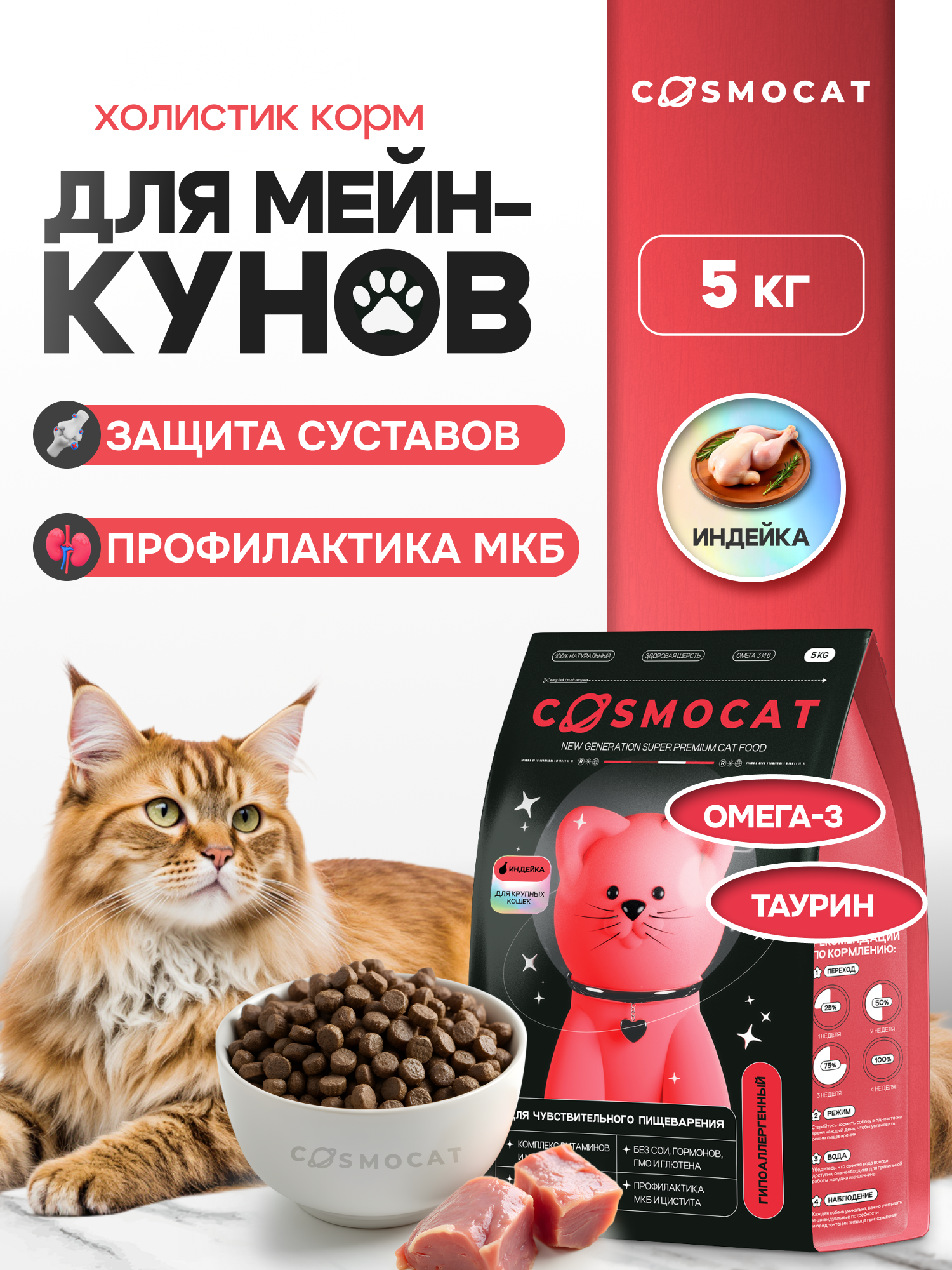 Корм для кошек и котов породы Мейн-Кун сухой Cosmocat гипоаллергенный с индейкой 5 кг премиум класса