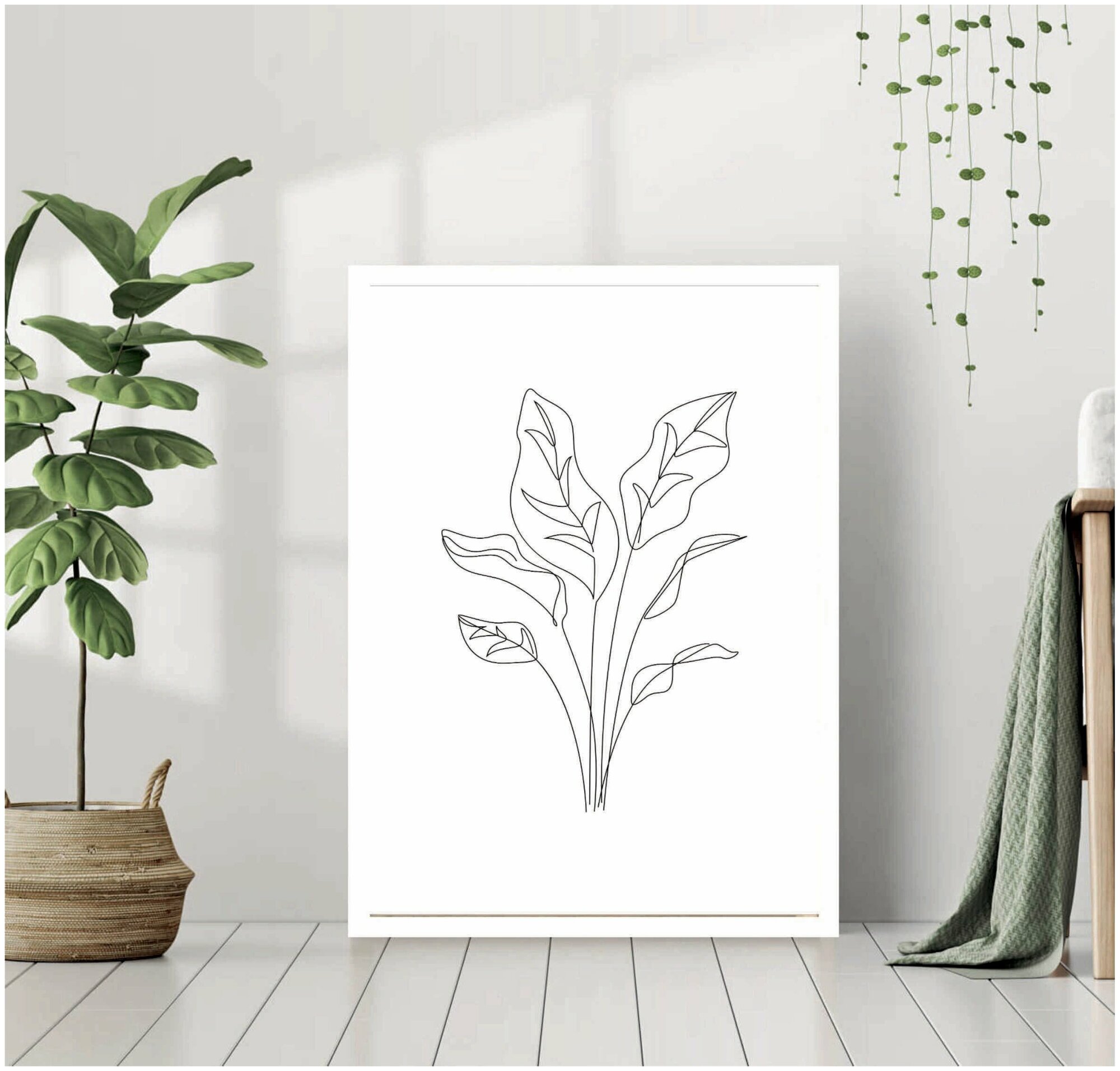 Постер "Листья ландыша, линейный рисунок" 40x50 в белой рамке на стену для интерьера