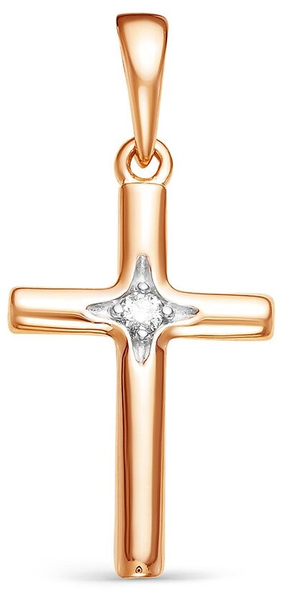 Крестик, красное золото, 585 проба, родирование, бриллиант