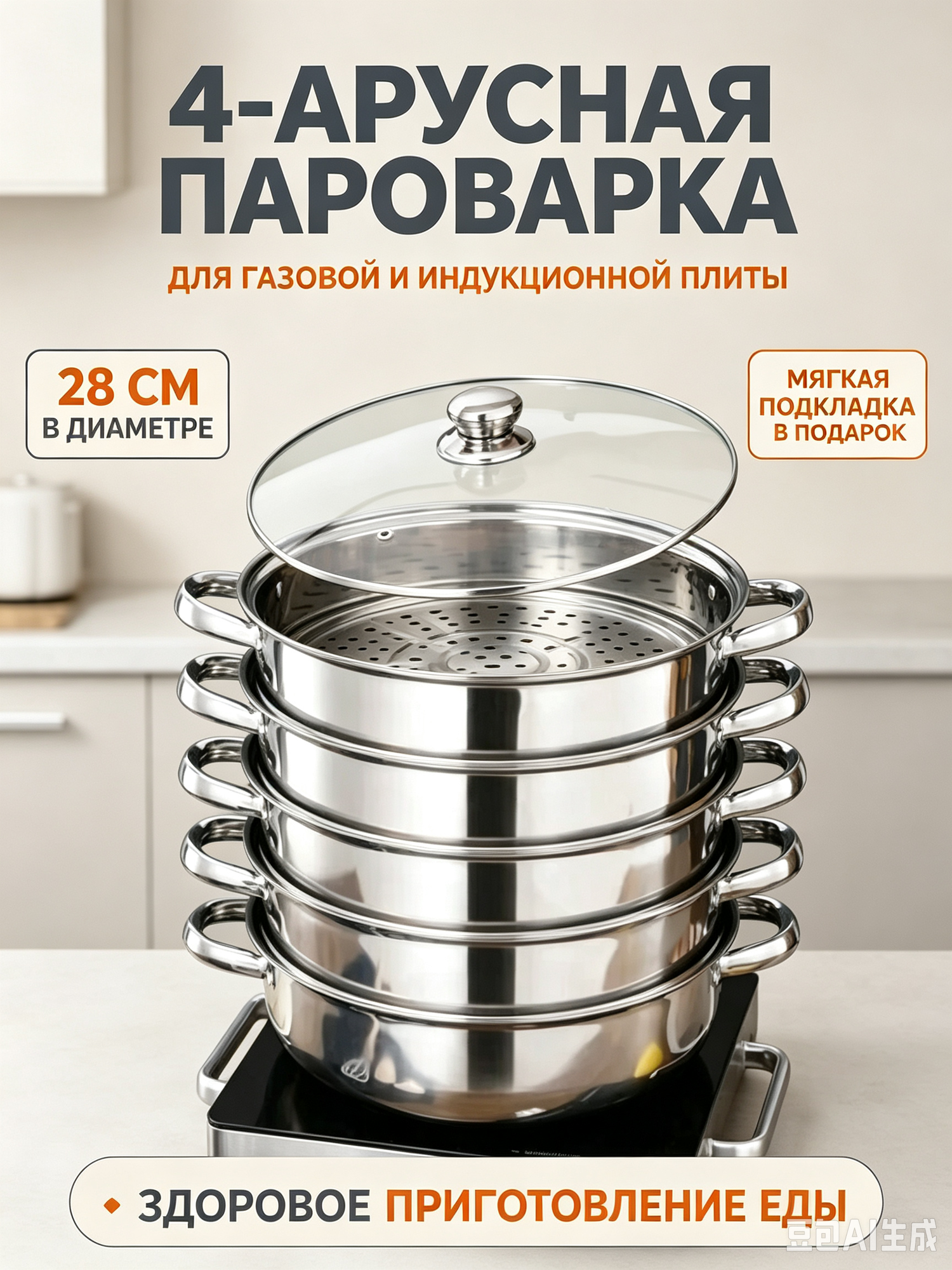 Мантоварка "сталь", Нержавеющая сталь, 4 яруса, 6 л