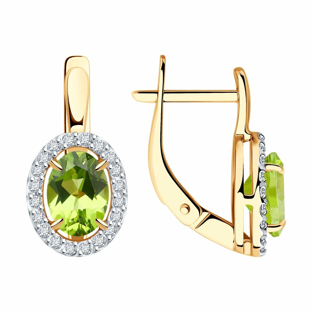 Серьги, красное золото, 585 проба, фианит, хризолит
