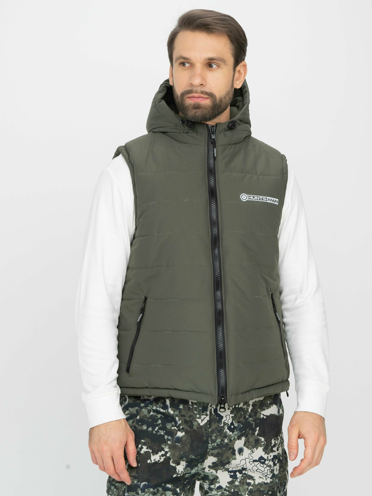 Жилет мужской утепленный демисезонный Huntsman Фристайл с карманами, капюшоном, спортивный, рыболовный, ткань Канада, цвет олива (р.52-54/182)