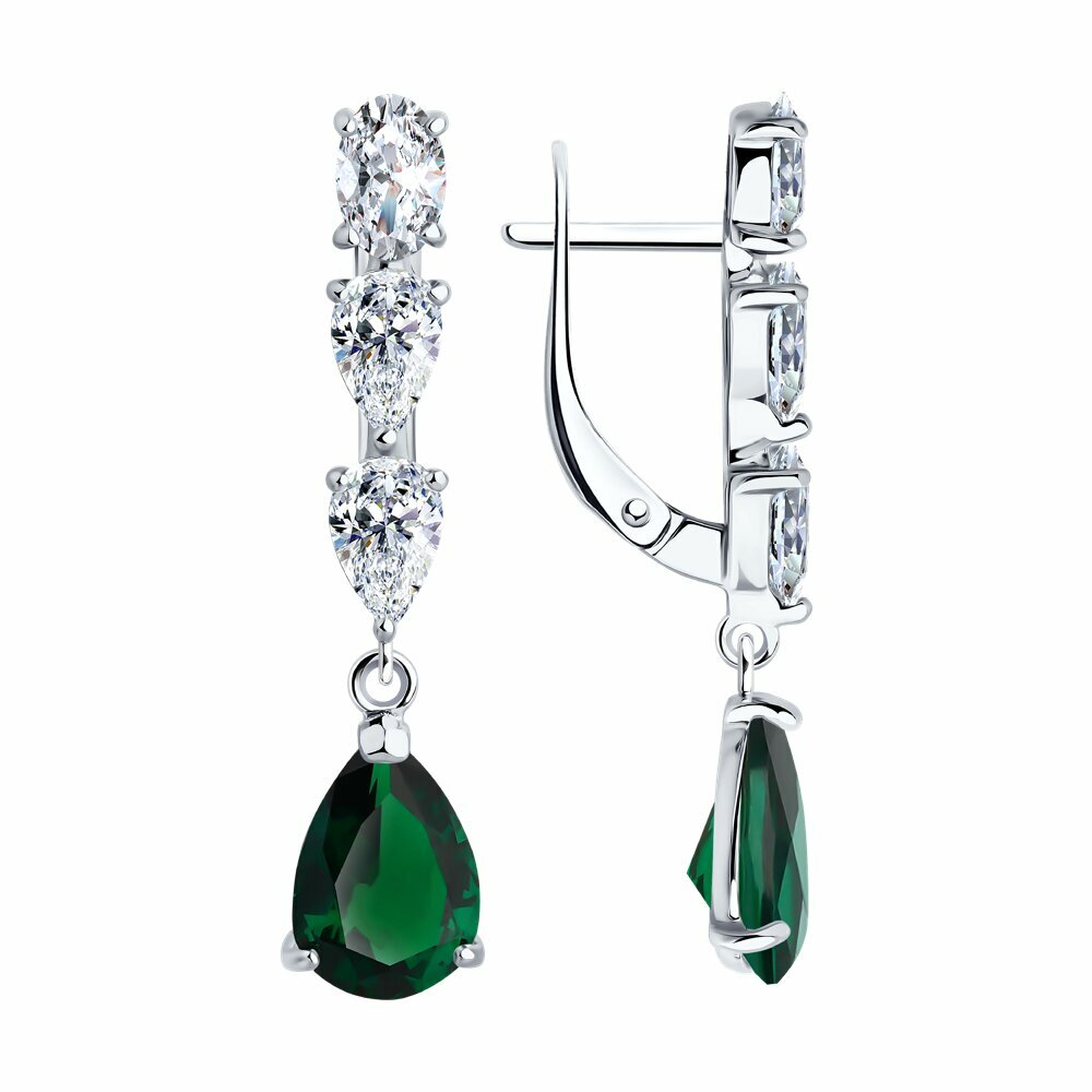 Серьги с подвесками, серебро, 925 проба, родирование, фианит