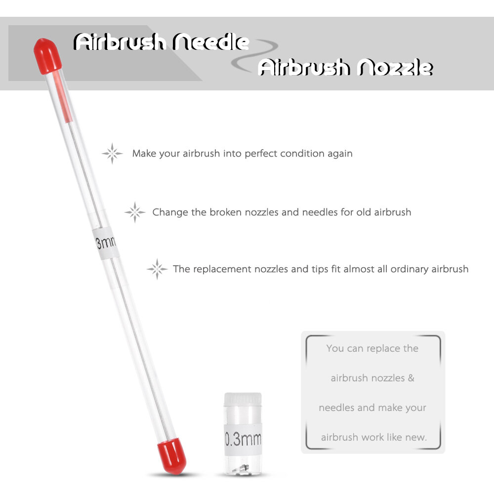 Замена сопла и иглы для аэрографа 0.3mm, серебристый цвет, материал сопла медное покрытие, материал иглы нержавеющая сталь, высота сопла 6mm, длина иглы 130mm, вес товара 5.1g, размер упаковки 14*10*1.2cm, вес упаковки 7.1g, в комплект входят 1 сопло, 1