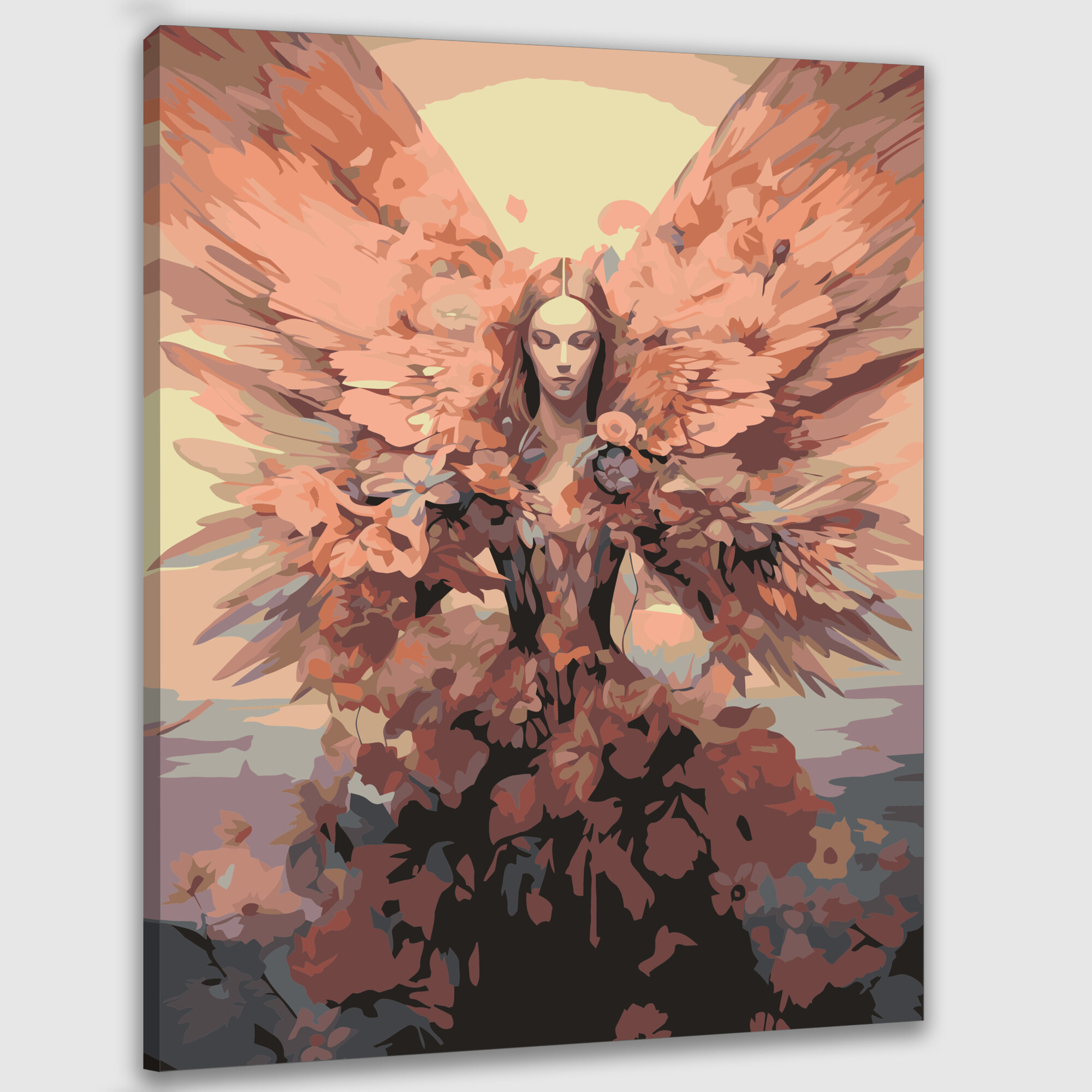 Картина по номерам 40x50 см, сюрреализм, ангел, пейзаж, цветы, крылья, спокойствие, красота, фантастическая сцена