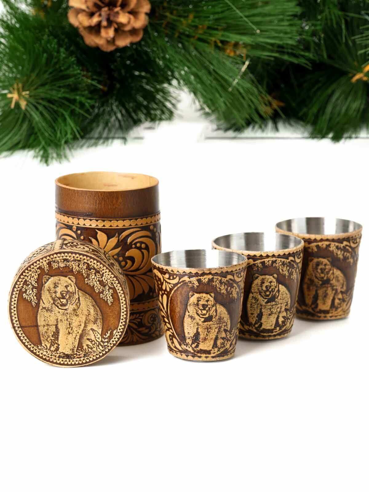 Набор стопок - Медведь, Береста, 3 шт в футляре