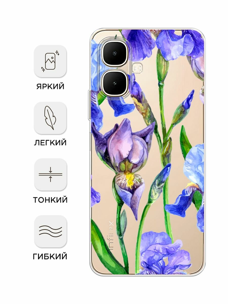 Чехол на Infinix Smart 10 / Инфиникс Смарт 10 с принтом "Синие ирисы", прозрачный — фото 1