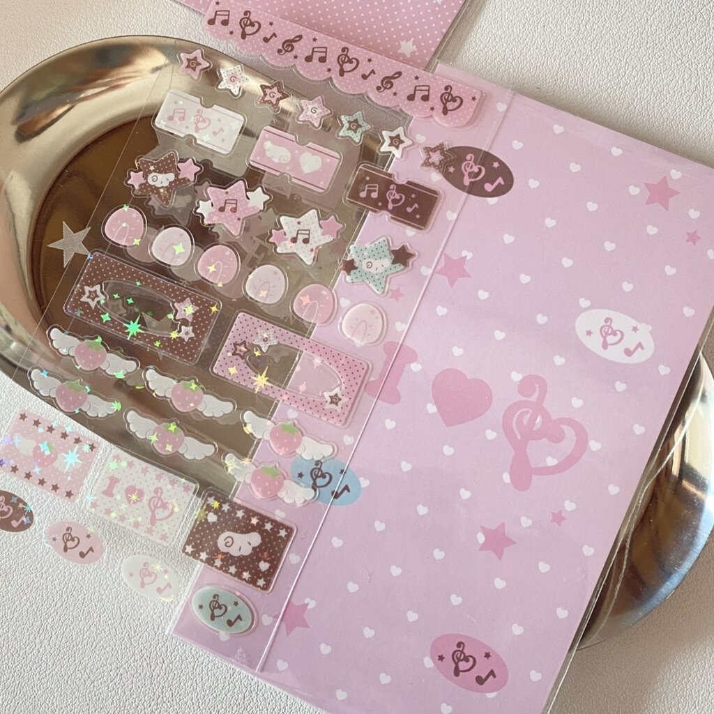 Розово-коричневые музыкальные ноты, клубничные звезды, мигающая пленка, наклейки goka, корейская версия наклеек для украшения чехла мобильного телефона-03