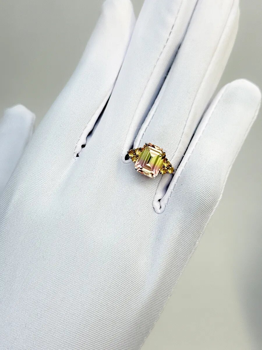 Кольцо, серебро, 925 проба, родирование, сапфир синтетический, цитрин синтетический