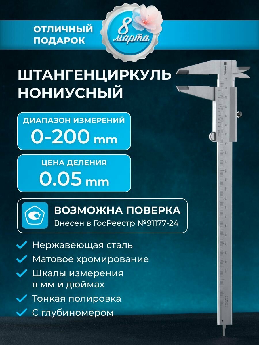 Штангенциркуль нониусный NORGAU Industrial 0-200 мм с глубиномером, Госреестр