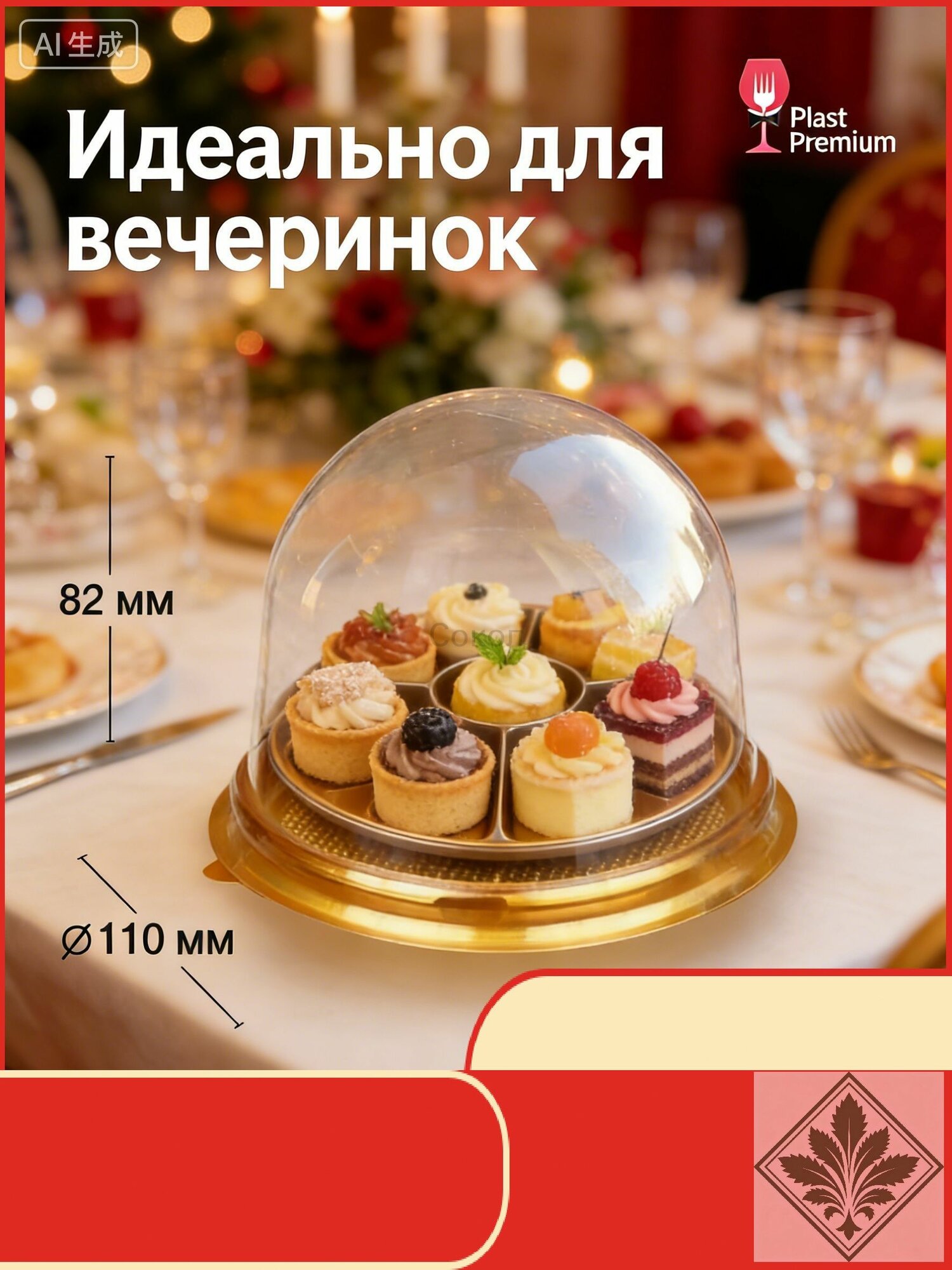 Купольная крышка из прозрачного пластика для бестселлера, креманка Кристалл литьевого полистирола PS, 100х82 мм, набор 50 штук для фуршета