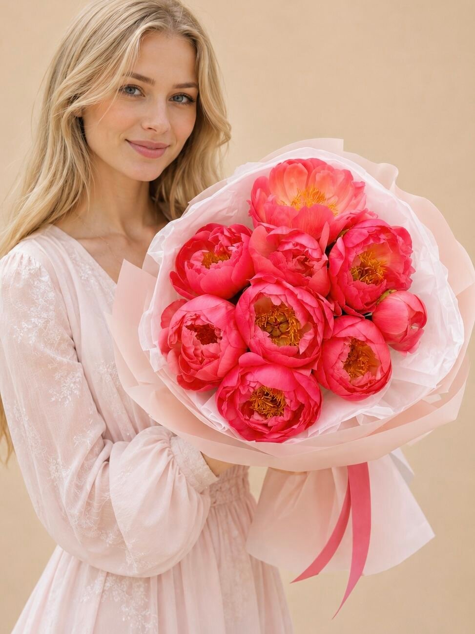 Крупные коралловые пионы 9 шт.
