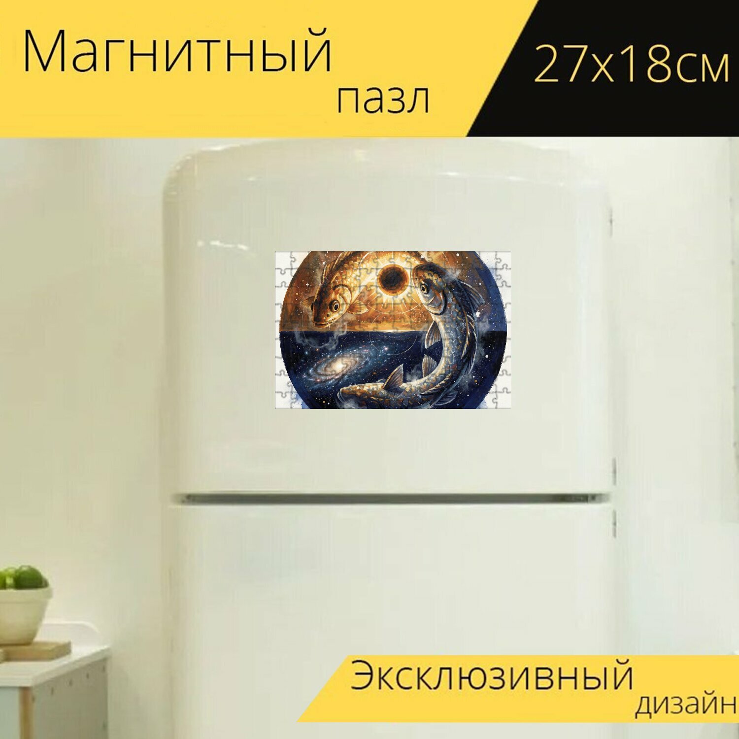 Магнитный пазл "Две рыбы и космический символ. Сюрреалистичная композиция с золотистой и темной рыбой в круге, сияющее солнце и галактика, акварельные." на холодильник 27 x 18 см.
