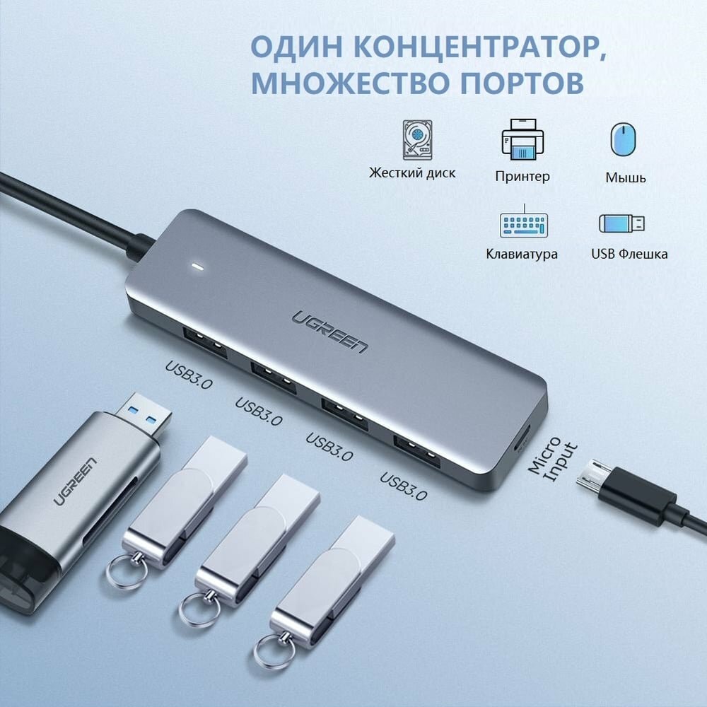 Хаб Ugreen CM219 4-Ports USB-C 3.0 Hub. Цвет: серый 70336 70336 — фото 1