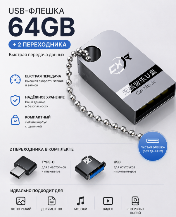 Автомобильный металлический USB-Пустой диск, 32 ГБ/64 ГБ, пустой, с разъемами Type-C и Android.